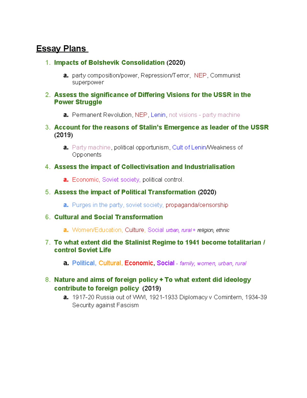 2. Russia - Notes - Essay Plans ####### 1. Impacts of Bolshevik ...