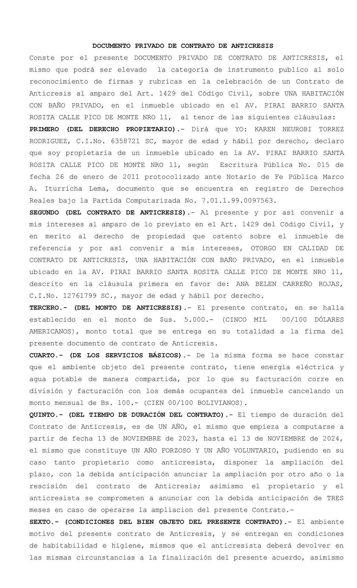 Contrato anticretico Ana Belén - DOCUMENTO PRIVADO DE CONTRATO DE ...