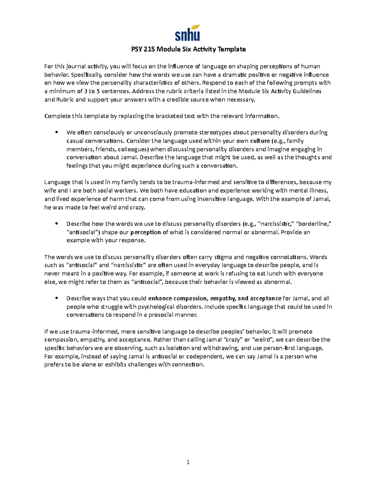 PSY 215 Module Six Activity Template - PSY 215 Module Six Activity ...