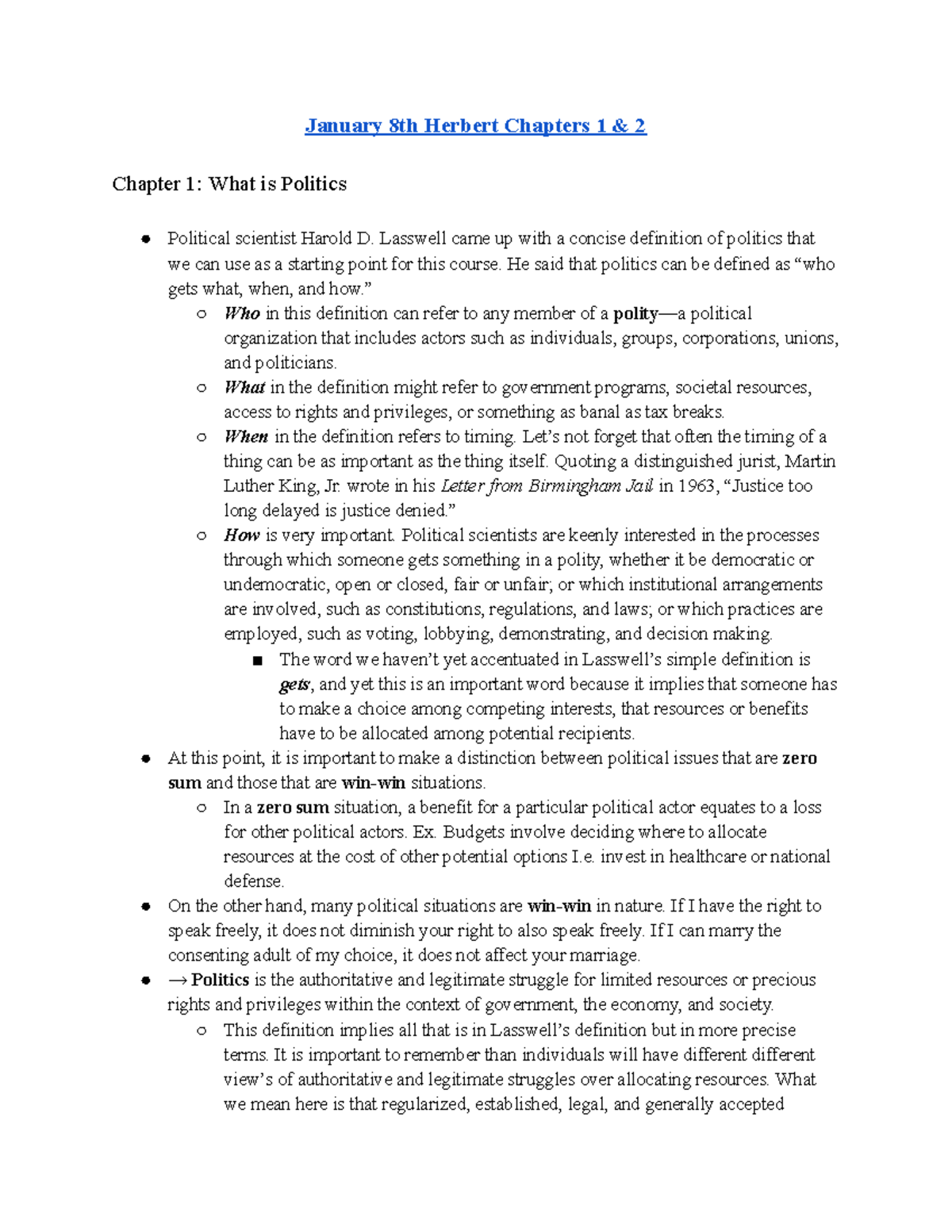 POL 1102 textbook Notes - January 8th Herbert Chapters 1 & 2 Chapter 1 ...