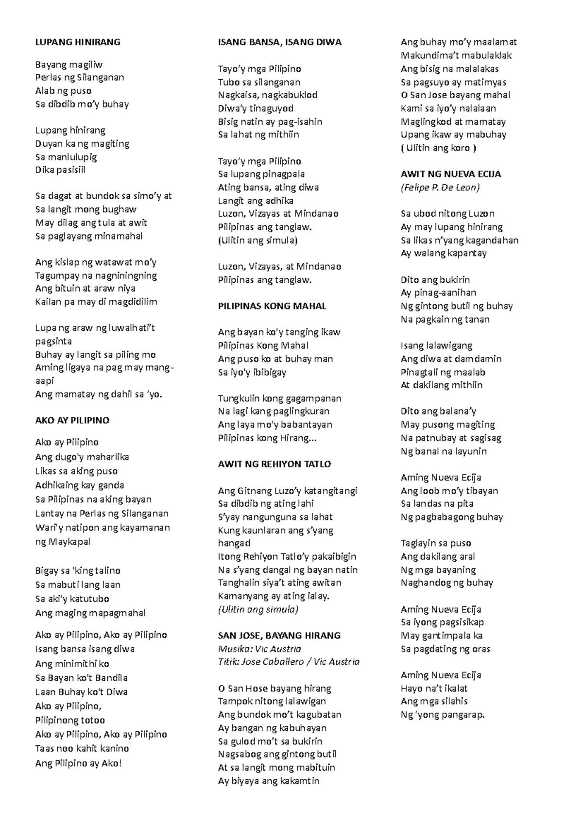 Prescribed song from monday to friday - LUPANG HINIRANG Bayang magiliw ...