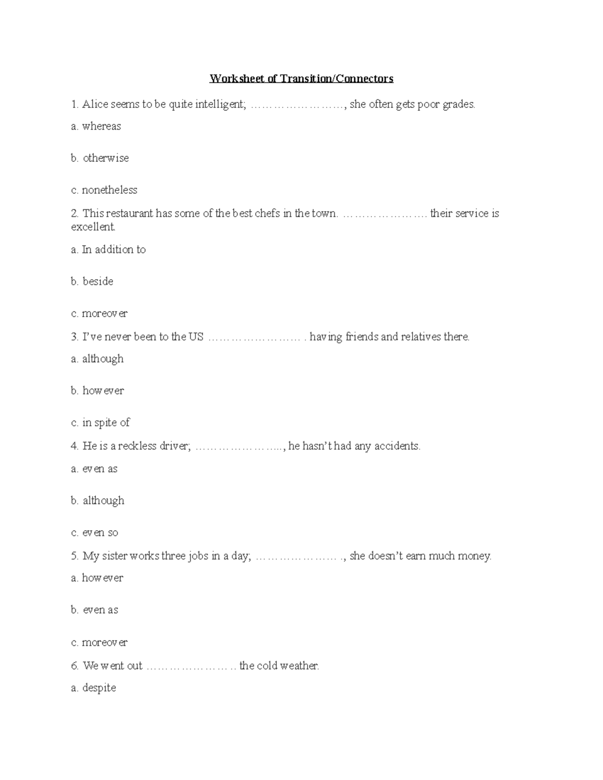 Transitionworksheet - Transition worksheet - Worksheet of Transition ...