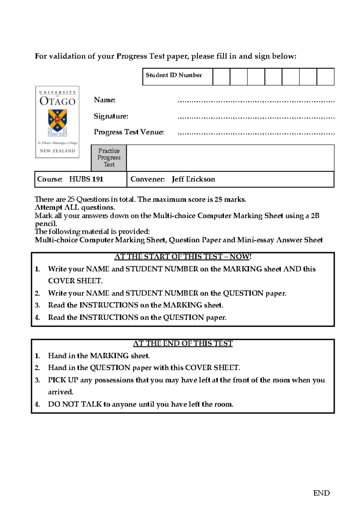 Hubs Practice Test - END For validation of your Progress Test paper ...
