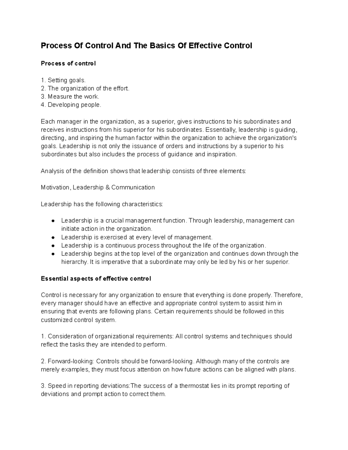 Process Of Control And The Basics Of Effective Control The Organization Of The Effort Measure
