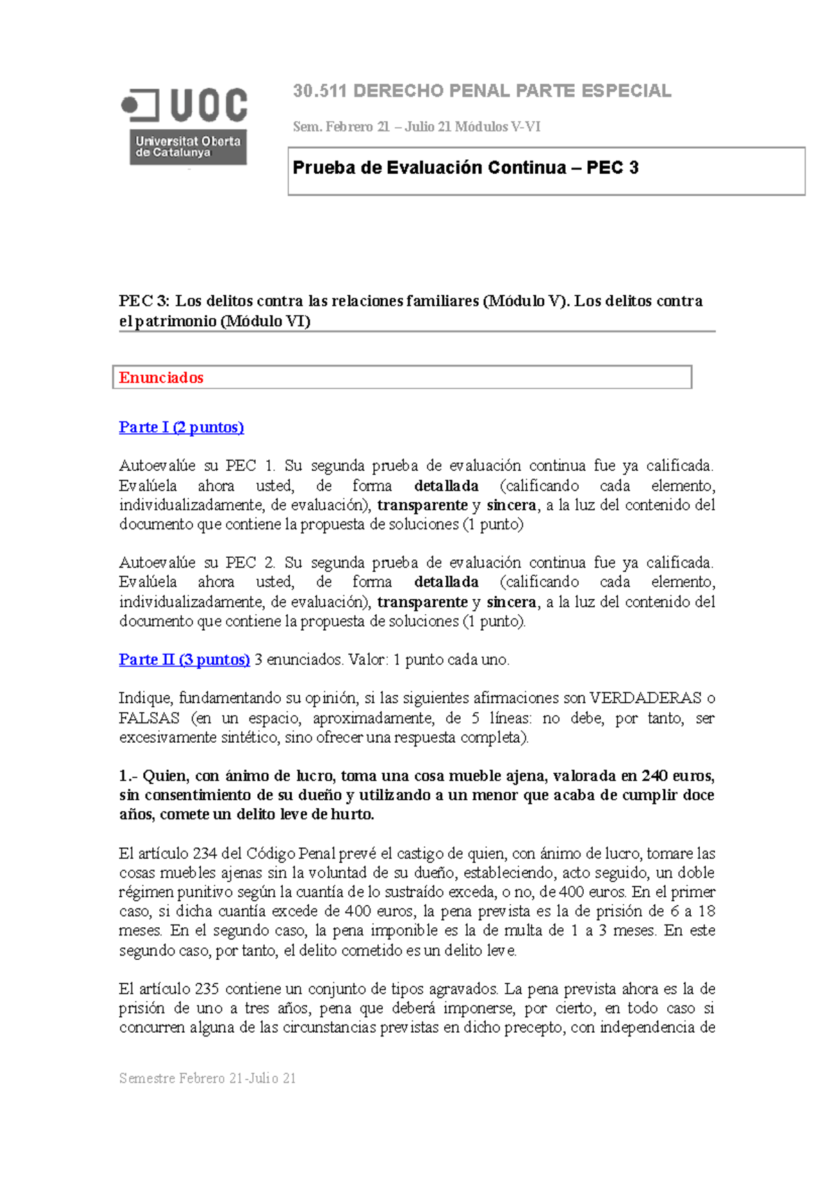 SOL PEC 3 Derecho Penal. Parte Especial. - Sem. Febrero 21 – Julio 21 Módulos V-VI Prueba de ...