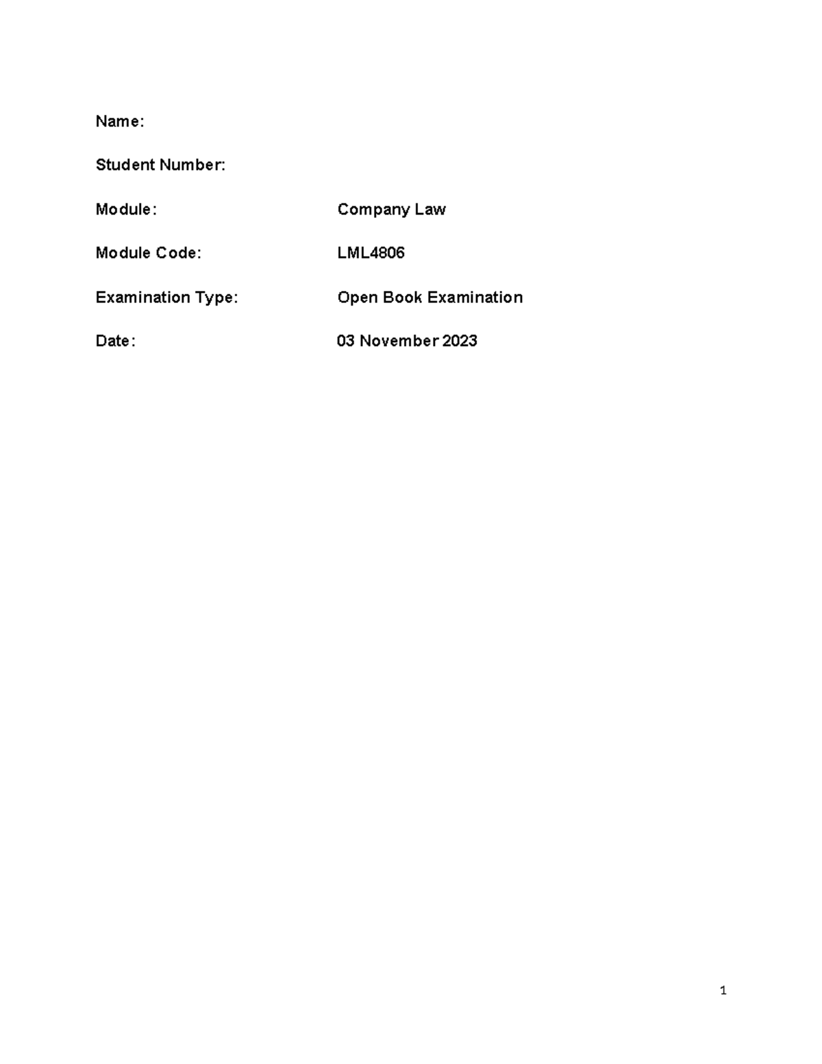 Company Law Exam Script - Name: Student Number: Module: Company Law ...