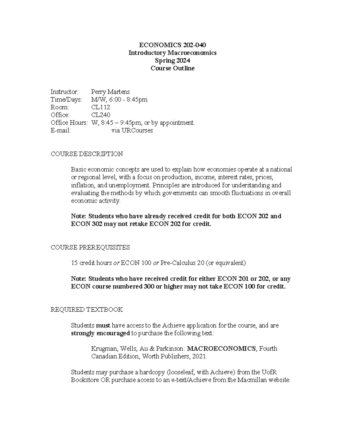 Course Outline - 202 - Spring 2024 - ECONOMICS 202- Introductory ...