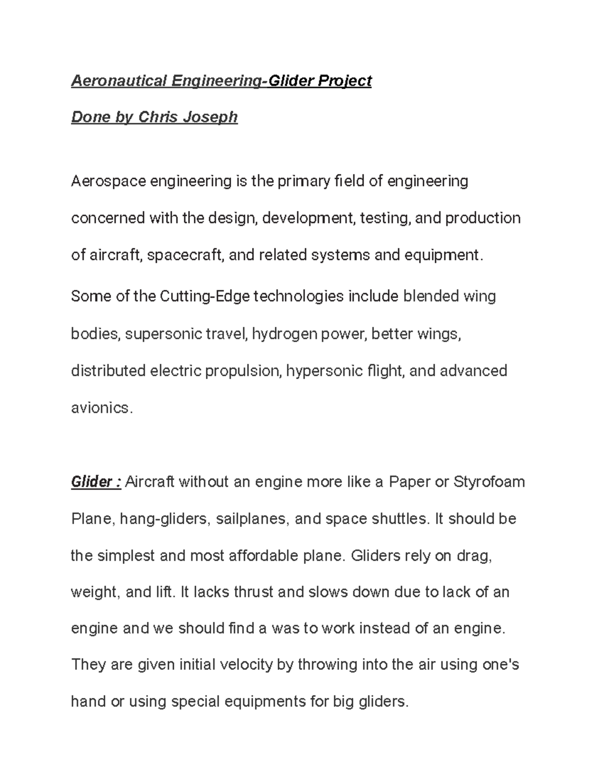 Aeronautical Engineering-Glider Project - Some of the Cutting-Edge ...