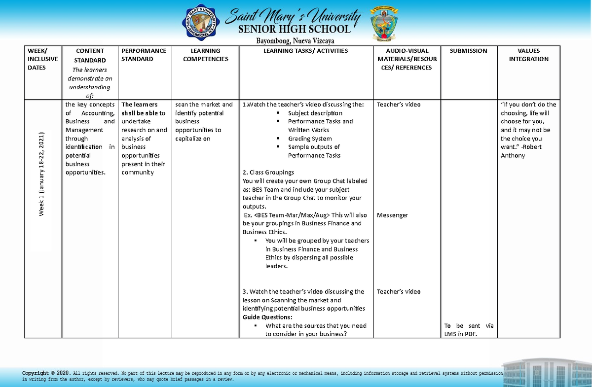 1 LMM - lmm - WEEK/ INCLUSIVE DATES CONTENT STANDARD The learners ...