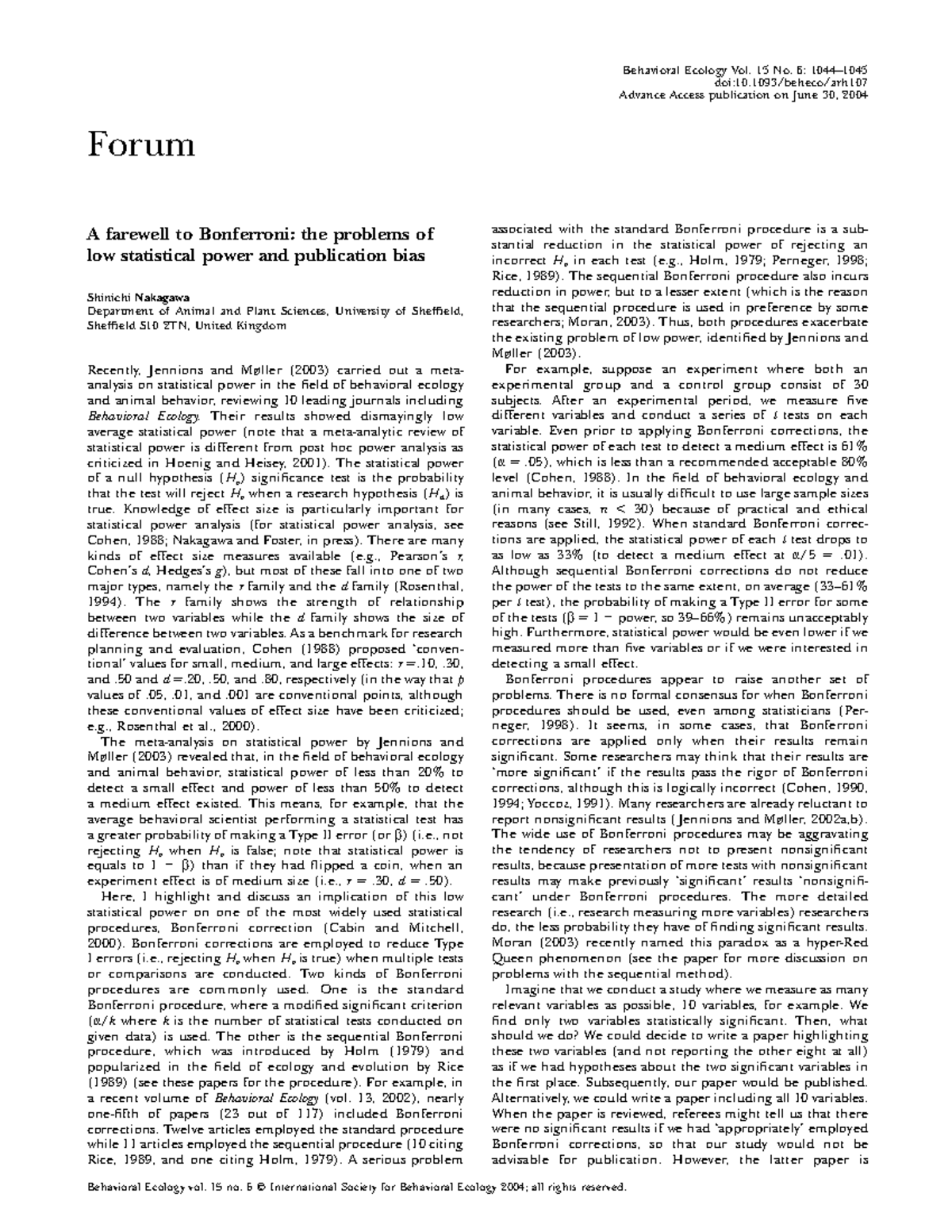 Low statistical power and publication bias - Behavioral Ecology Vol. 15 ...