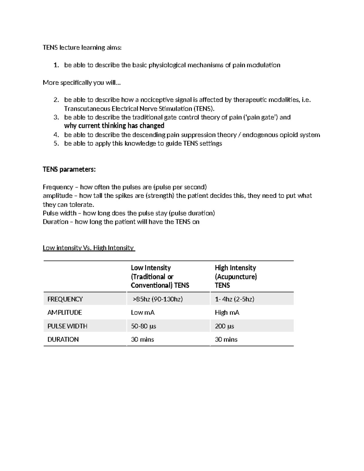 Pain modulation with TENS lecture notes - TENS lecture learning aims: 1 ...