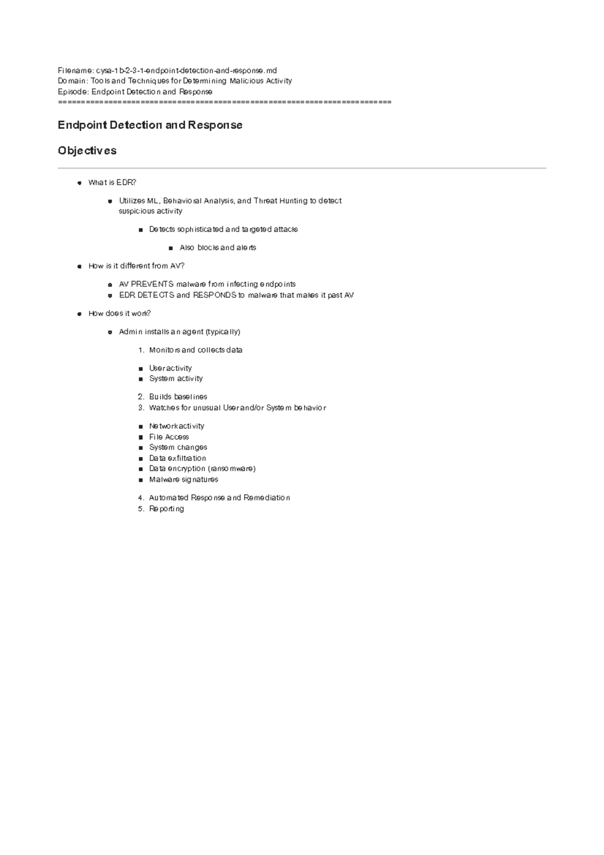 Cysa 1b 2 3 1 endpoint detection and response - Filename: - Studocu