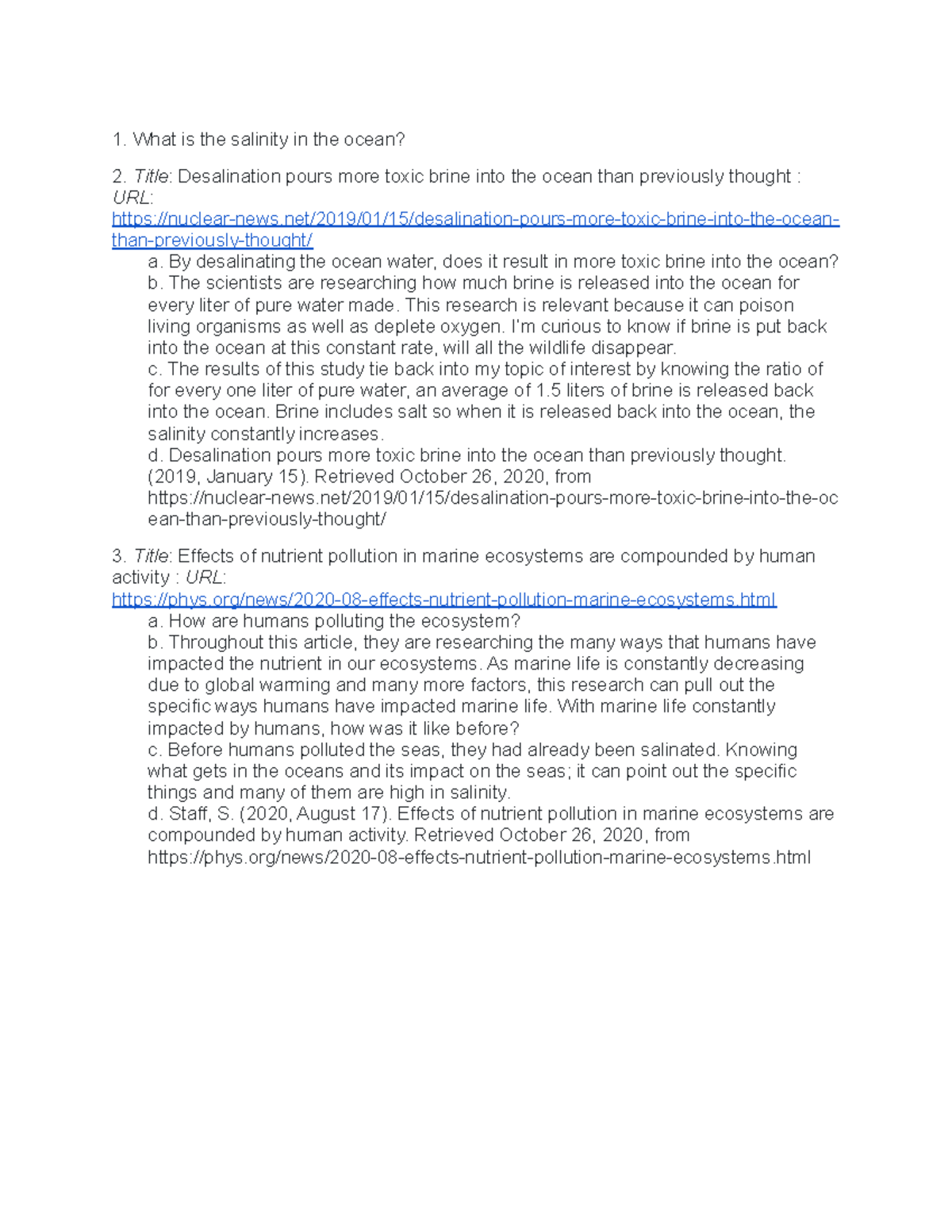 Article Summary Assignment - What is the salinity in the ocean? Title ...