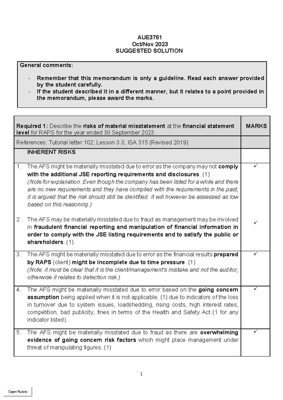 AUE3761 2023 Oct Nov Solution - AUE Oct/Nov 2023 SUGGESTED SOLUTION ...