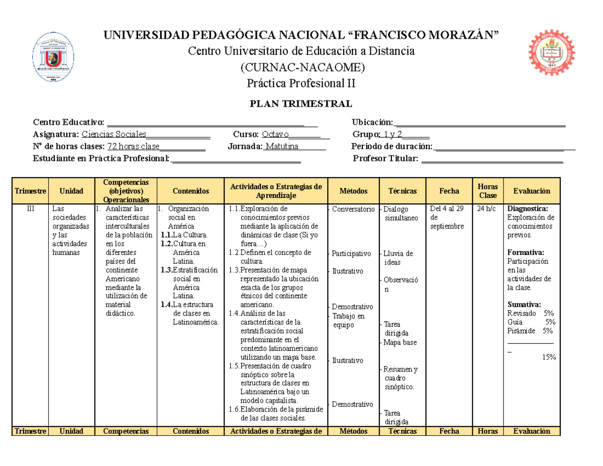Ejemplo Plan Trimestral - UNIVERSIDAD PEDAGÓGICA NACIONAL “FRANCISCO ...