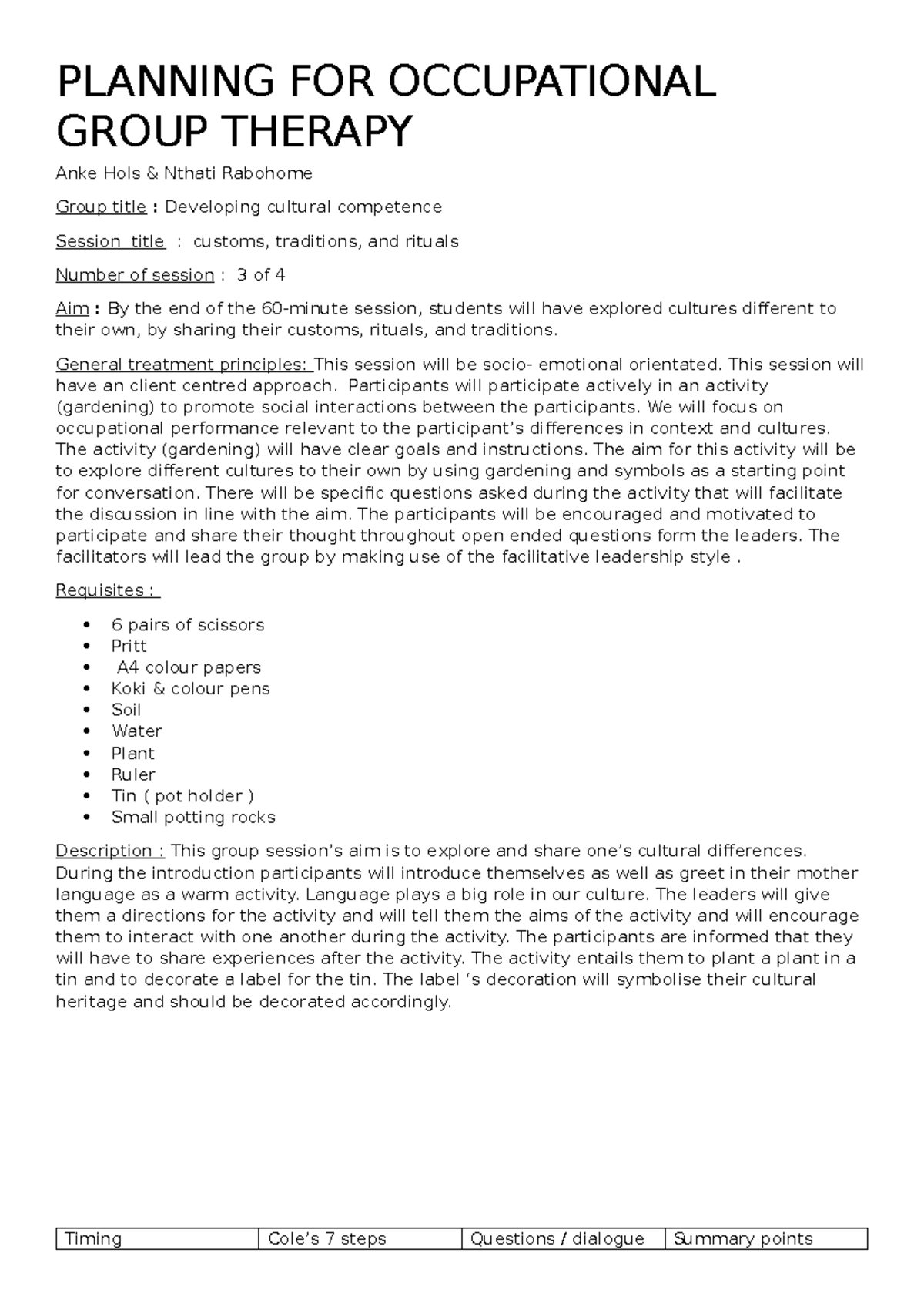 Group Therapy Planning - PLANNING FOR OCCUPATIONAL GROUP THERAPY Anke ...