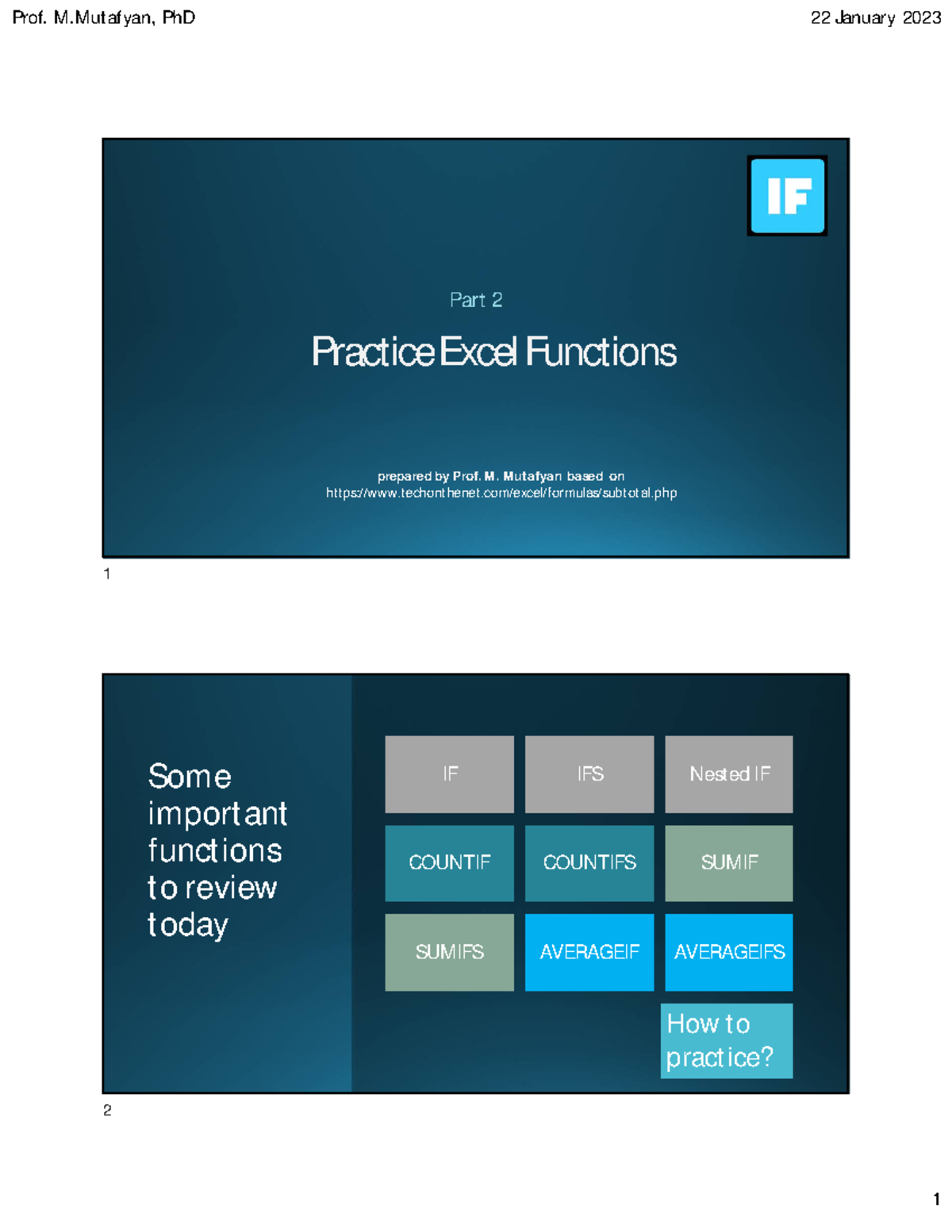 Mm Practice 3 If Functions Explanations Practice Excel Functions Part 2 Prepared By Prof M