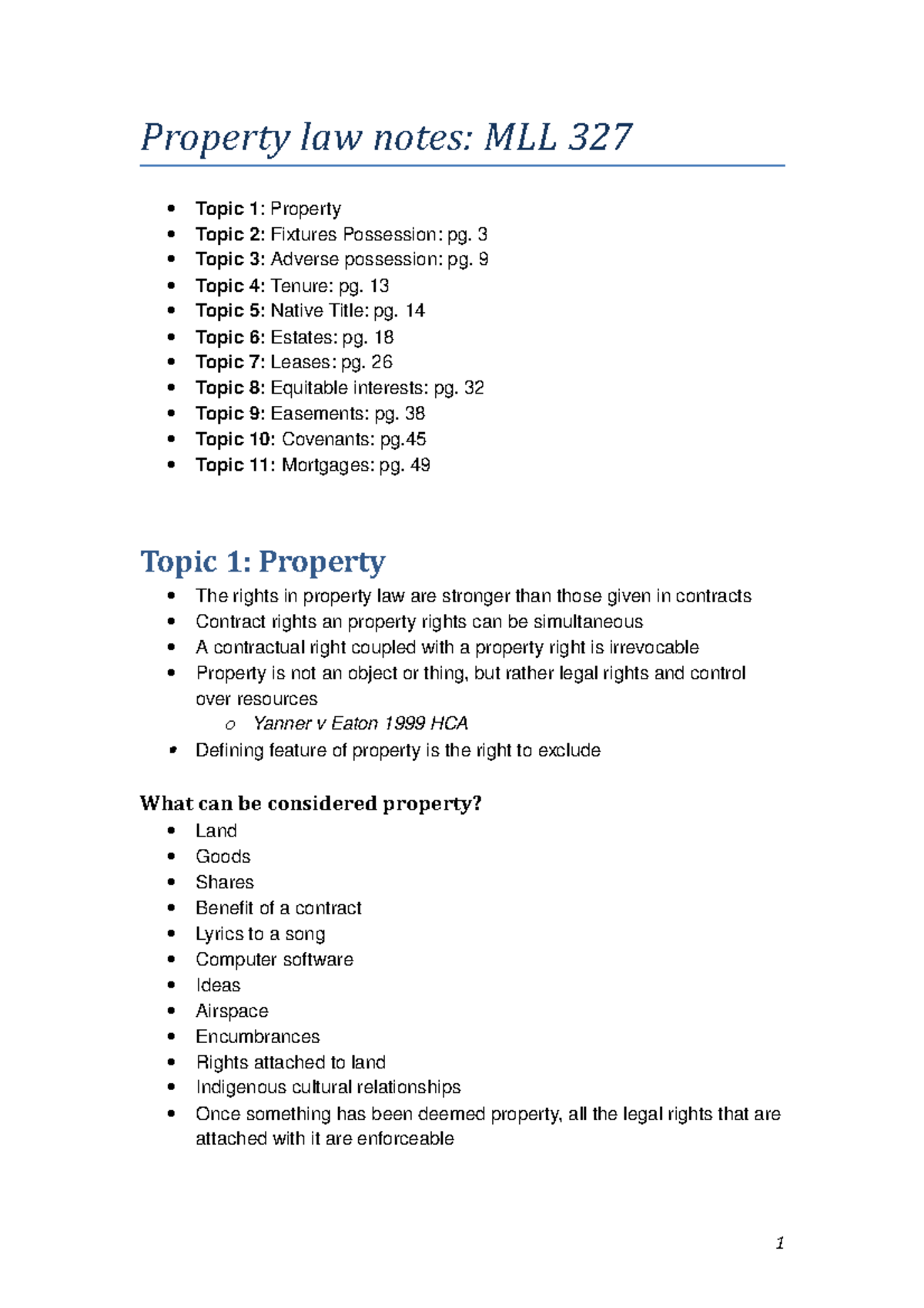 Property law Notes- MLL 327 - Property law notes: MLL 327 Topic 1 ...