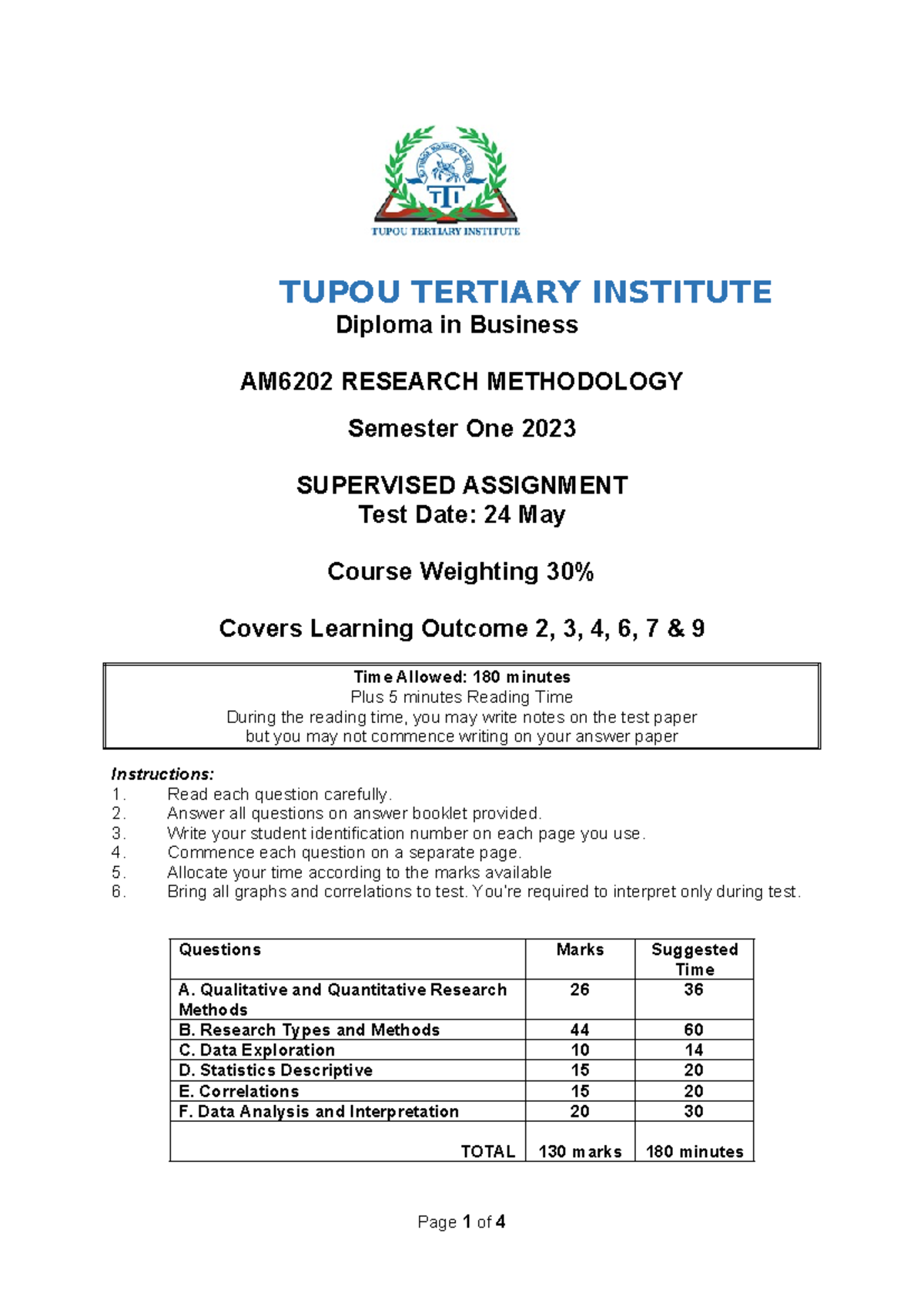 AM6202 Supervised Assignment Test - TUPOU TERTIARY INSTITUTE Diploma in ...