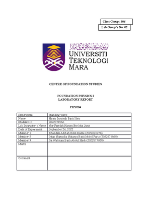 LAB Report PHY094 - Hooke'S LAW - PUSAT ASASI UiTM DENGKIL PHY094 ...