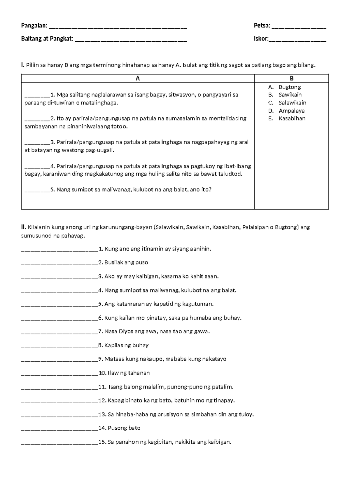QUIZ Karunungang Bayan - Pangalan ...