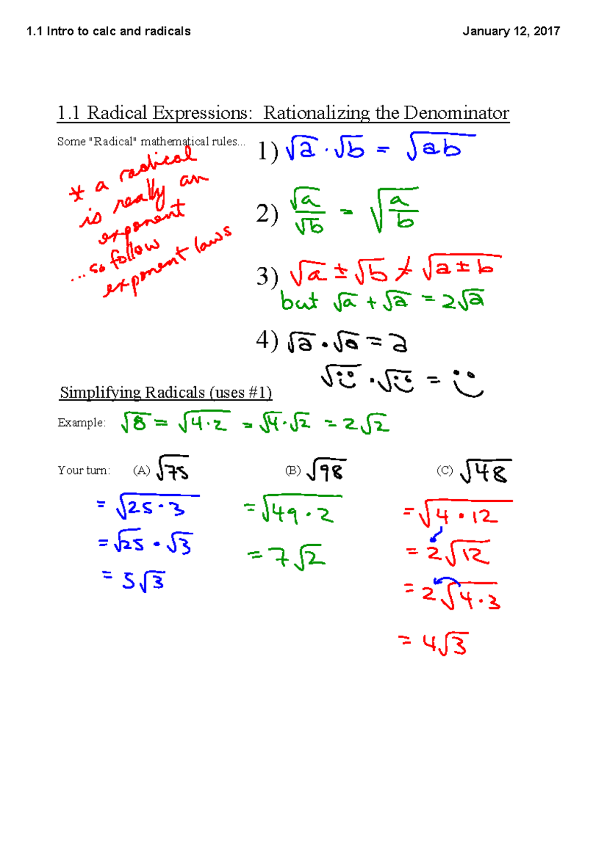 1.0 Review of Radicals - 1 Radical Expressions: Rationalizing the ...