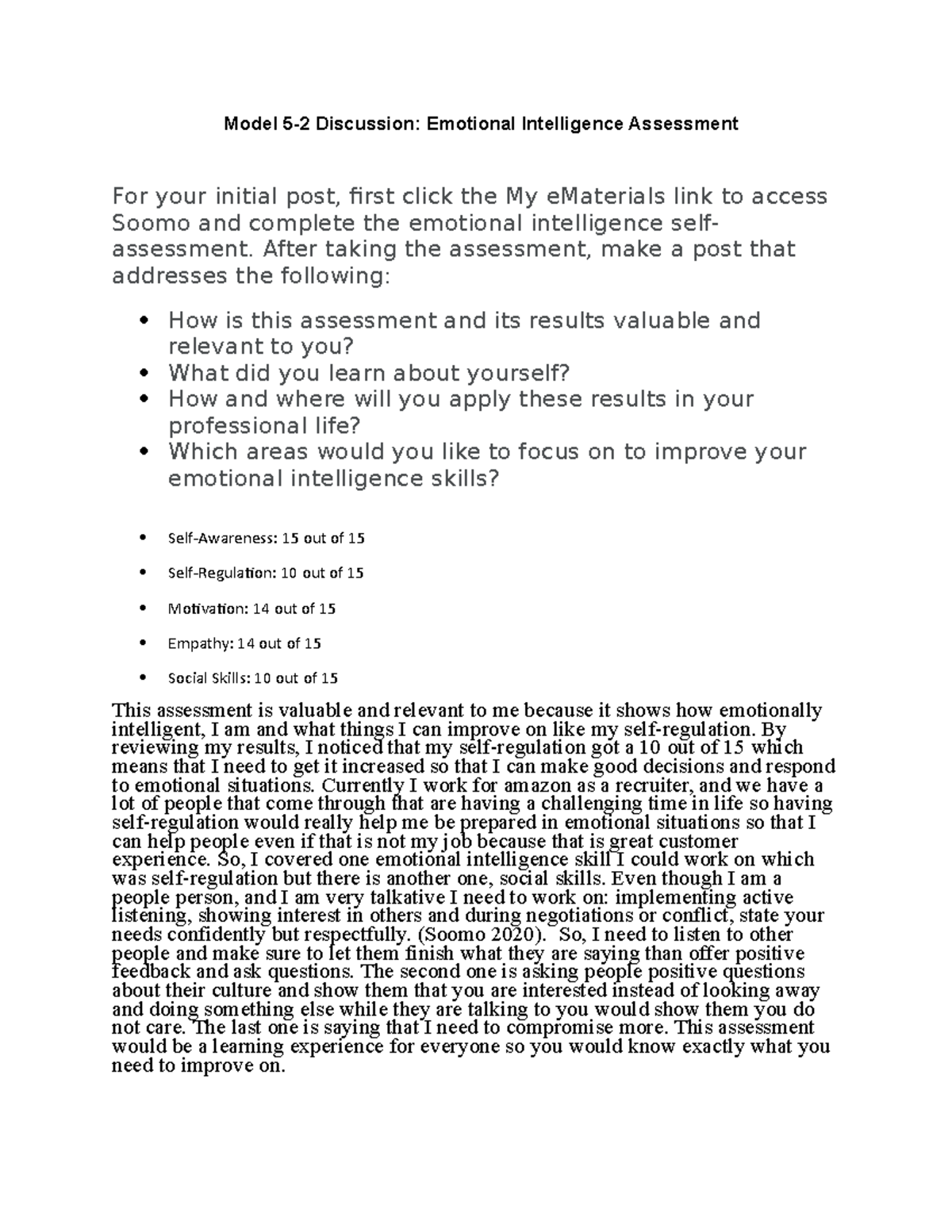 Model 5-2 Discussion Emotional Intelligence Assessment - After taking ...