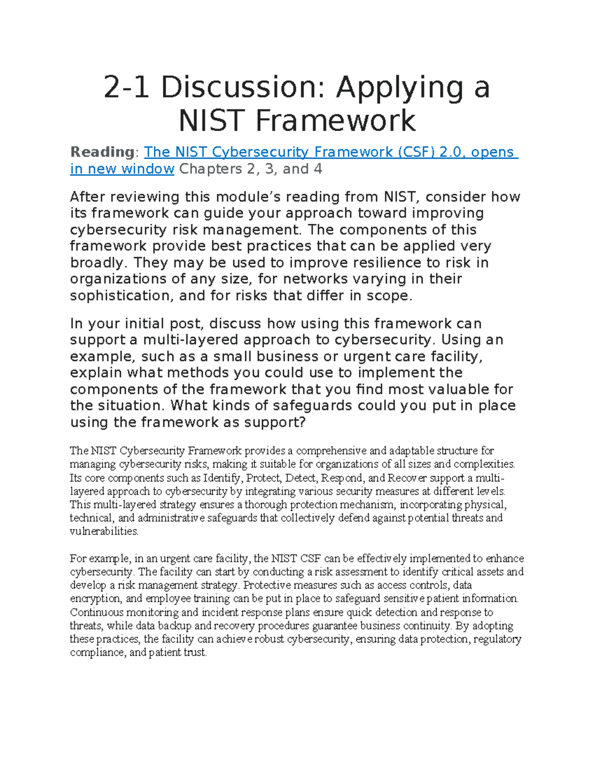 2-1 Discussion- Applying a NIST Framework - 2-1 Discussion: Applying a ...
