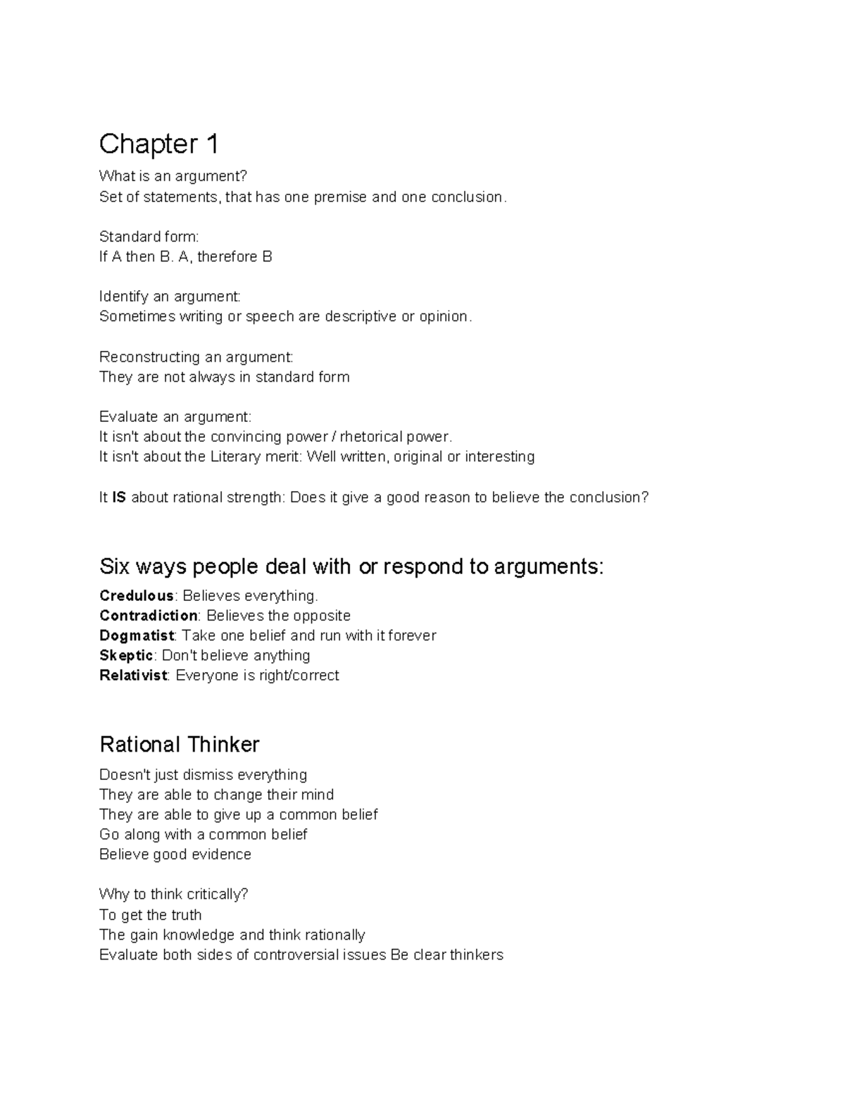Critical Thinking Notes - Chapter 1 What is an argument? Set of ...