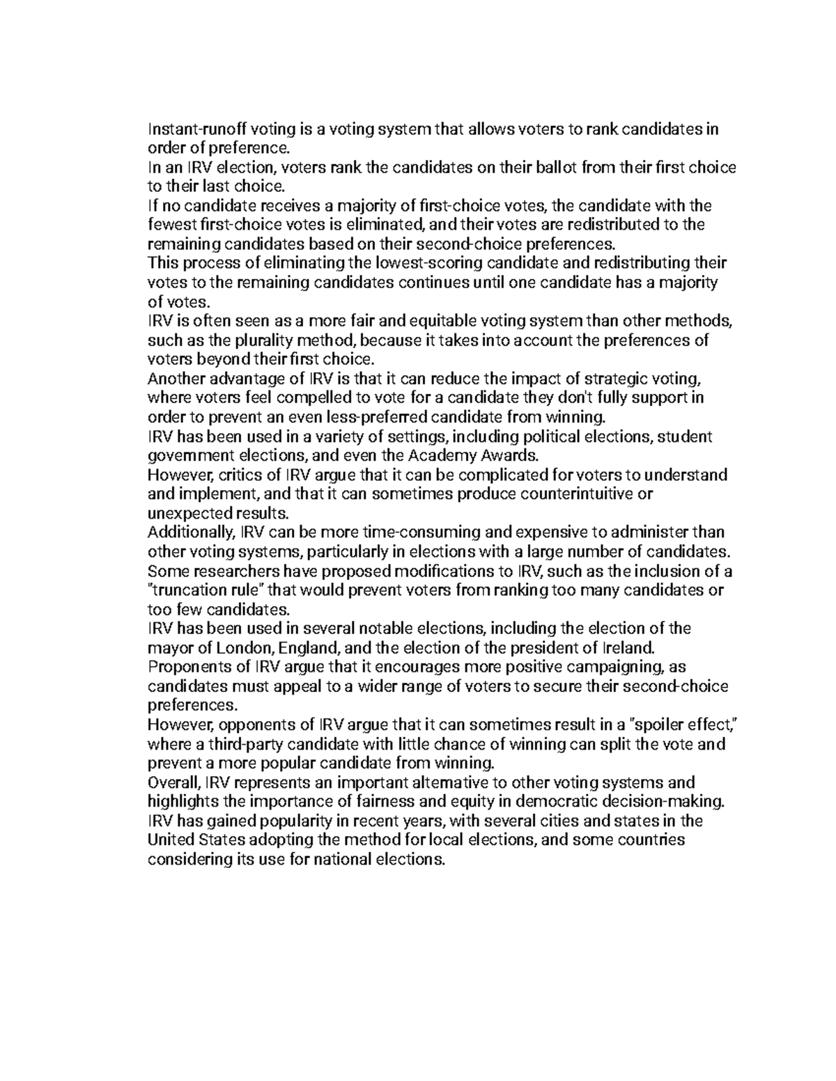 IRV notes - Instant-runoff voting is a voting system that allows voters ...