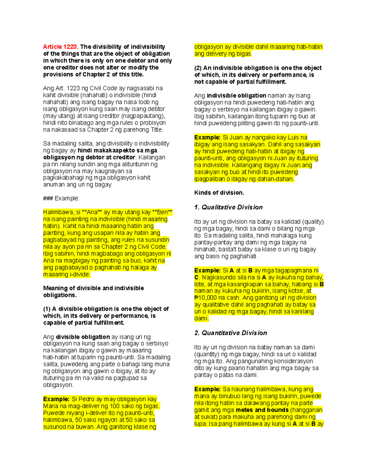 Section 5 & 6 - Sample explanation and example in tagalog - Article 1223. The divisibility of ...