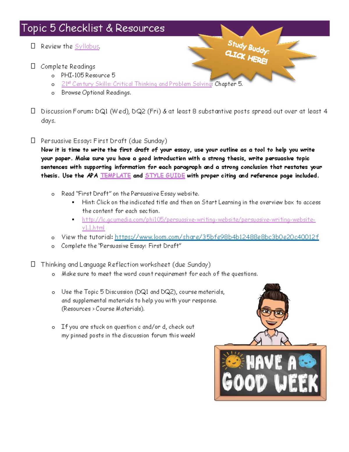 Topic 5 Checklist for each week of class - Topic 5 Checklist ...