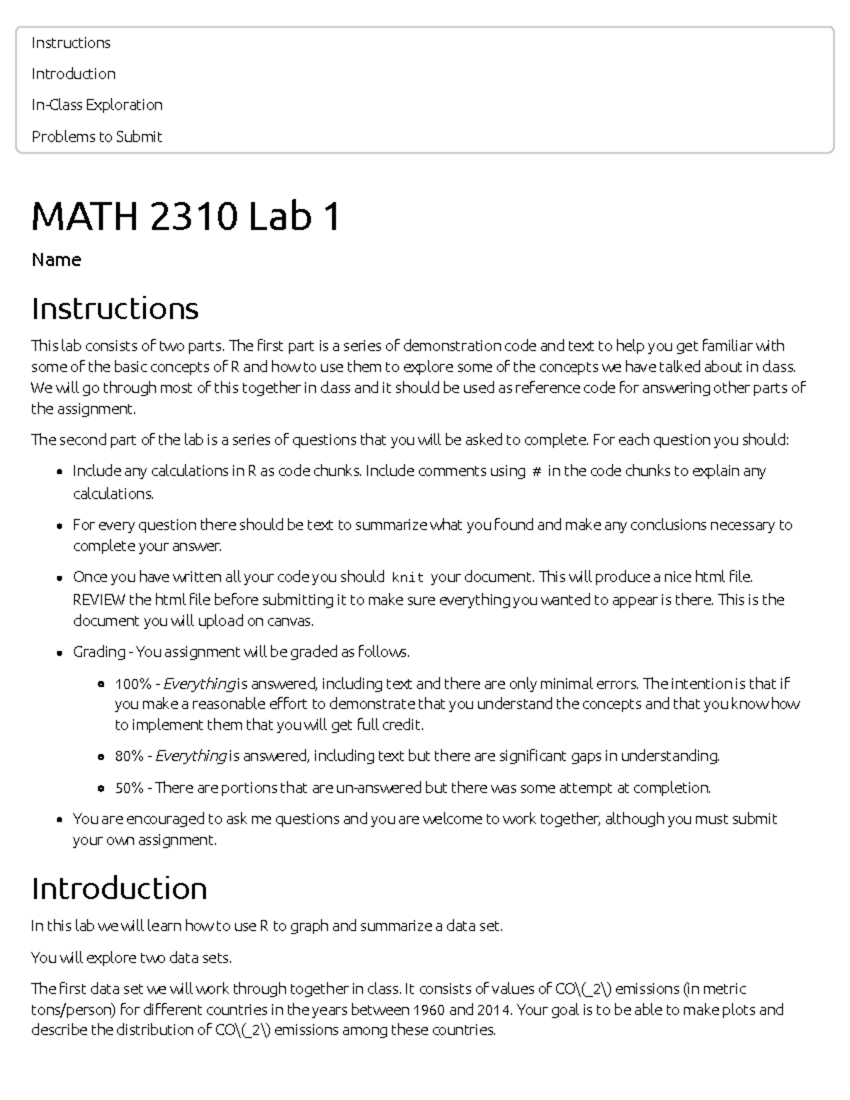 MATH 2310 Lab 1 SQ Sol - lab solutions - Introduction In-Class ...
