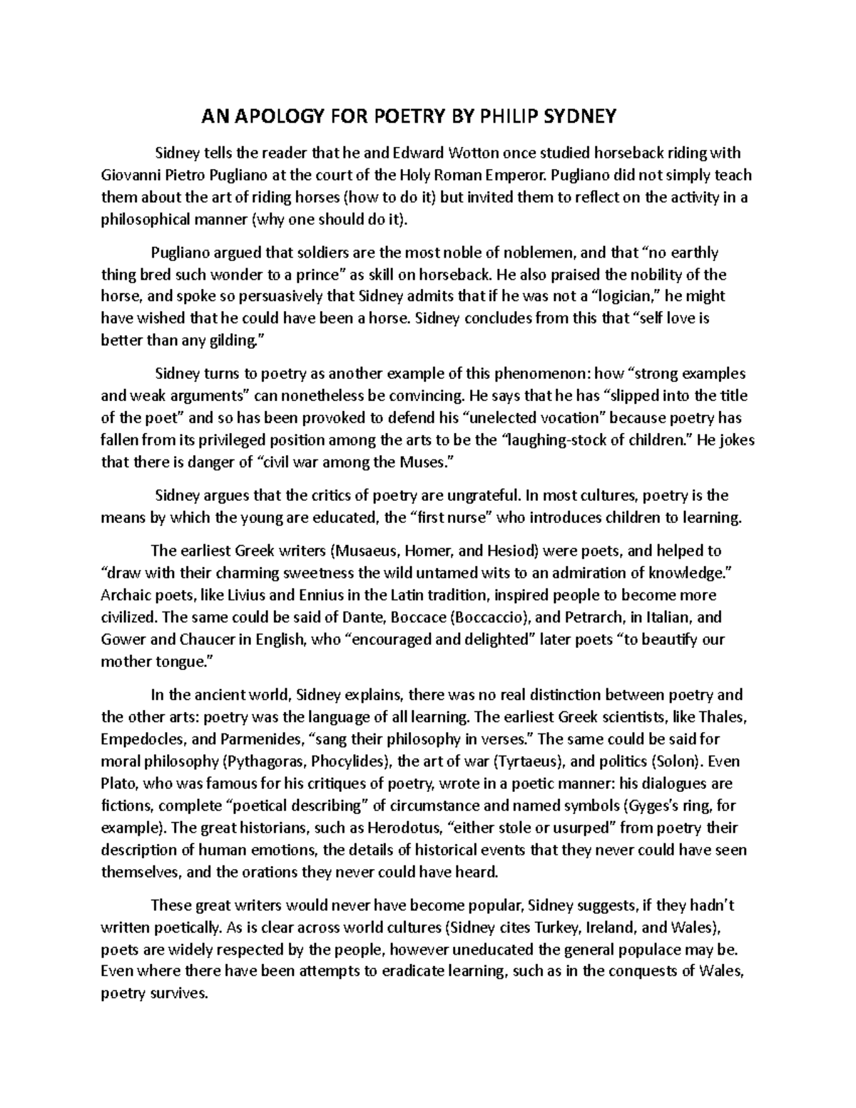 Apology FOR Poetry - AN APOLOGY FOR POETRY BY PHILIP SYDNEY Sidney ...