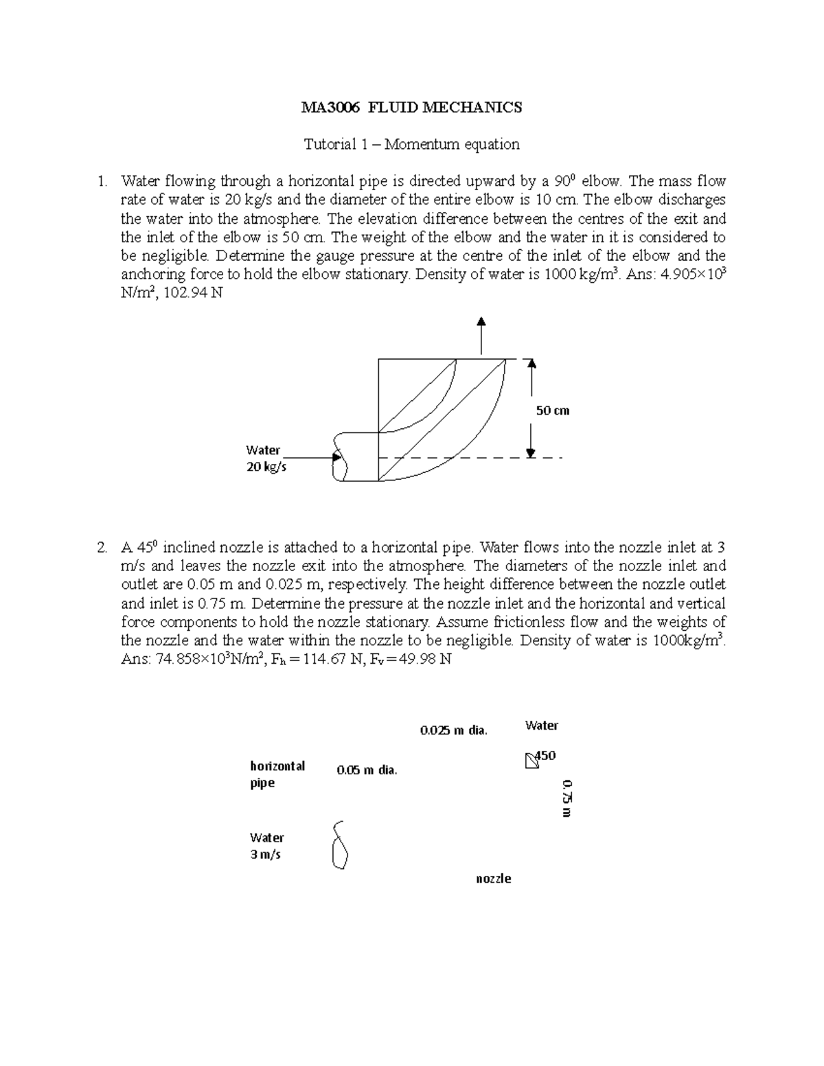 MA3006 Tutorial 1-5 (V1) - MA3006 FLUID MECHANICS Tutorial 1 – Momentum equation 1. Water ...