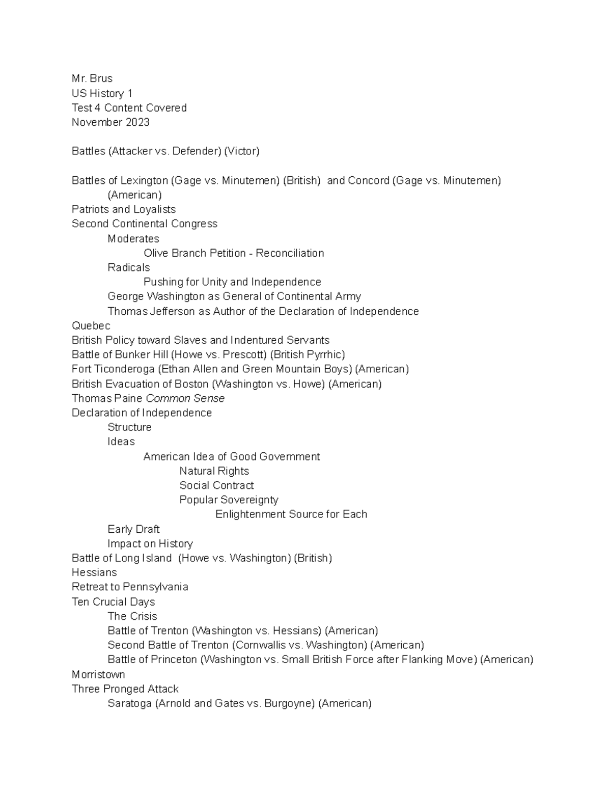 Test 4 - Test 4 - Revolutionary War study guide - Mr. Brus US History 1 ...