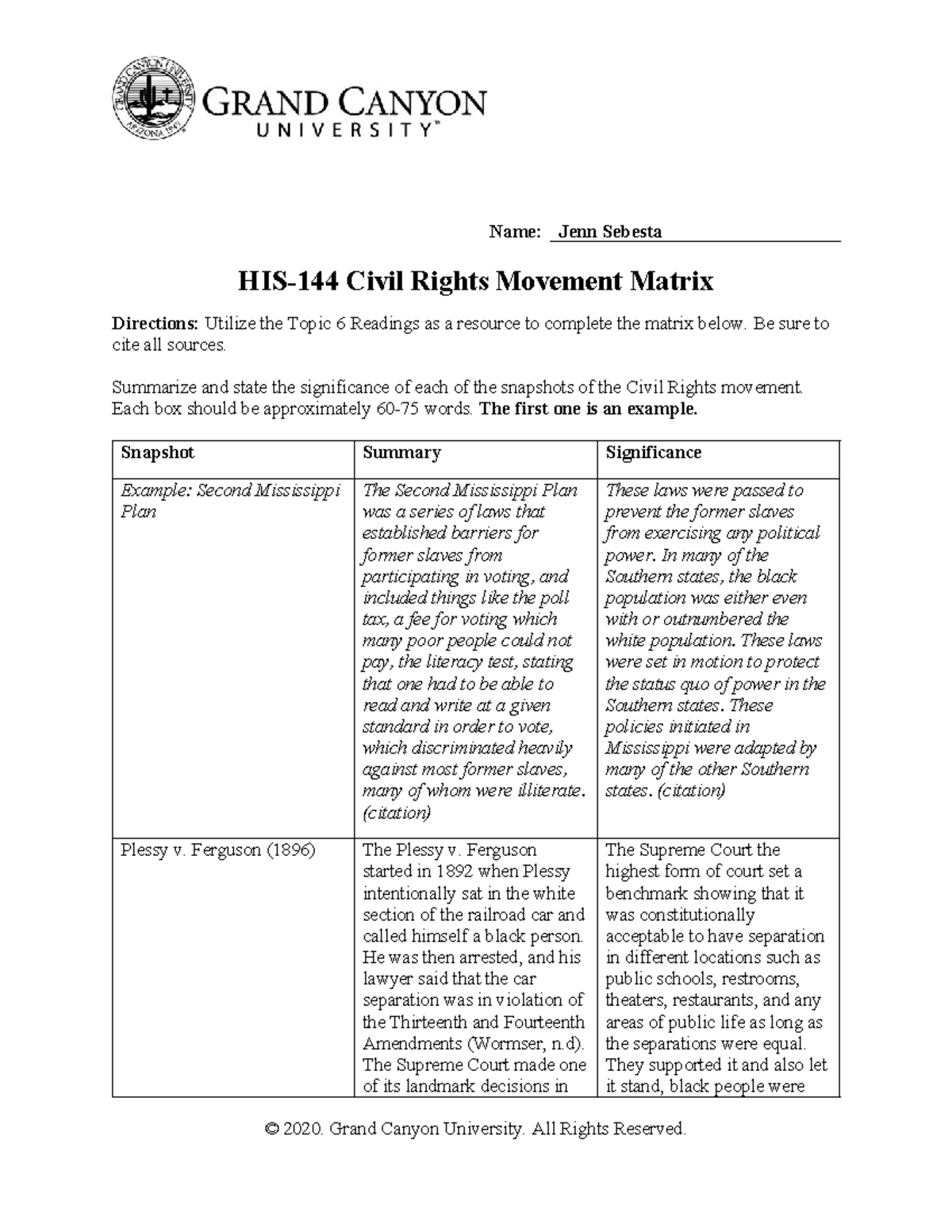 HIS-144-T6 Civil Rights Movement Matrix Online - Name: Jenn Sebesta HIS ...