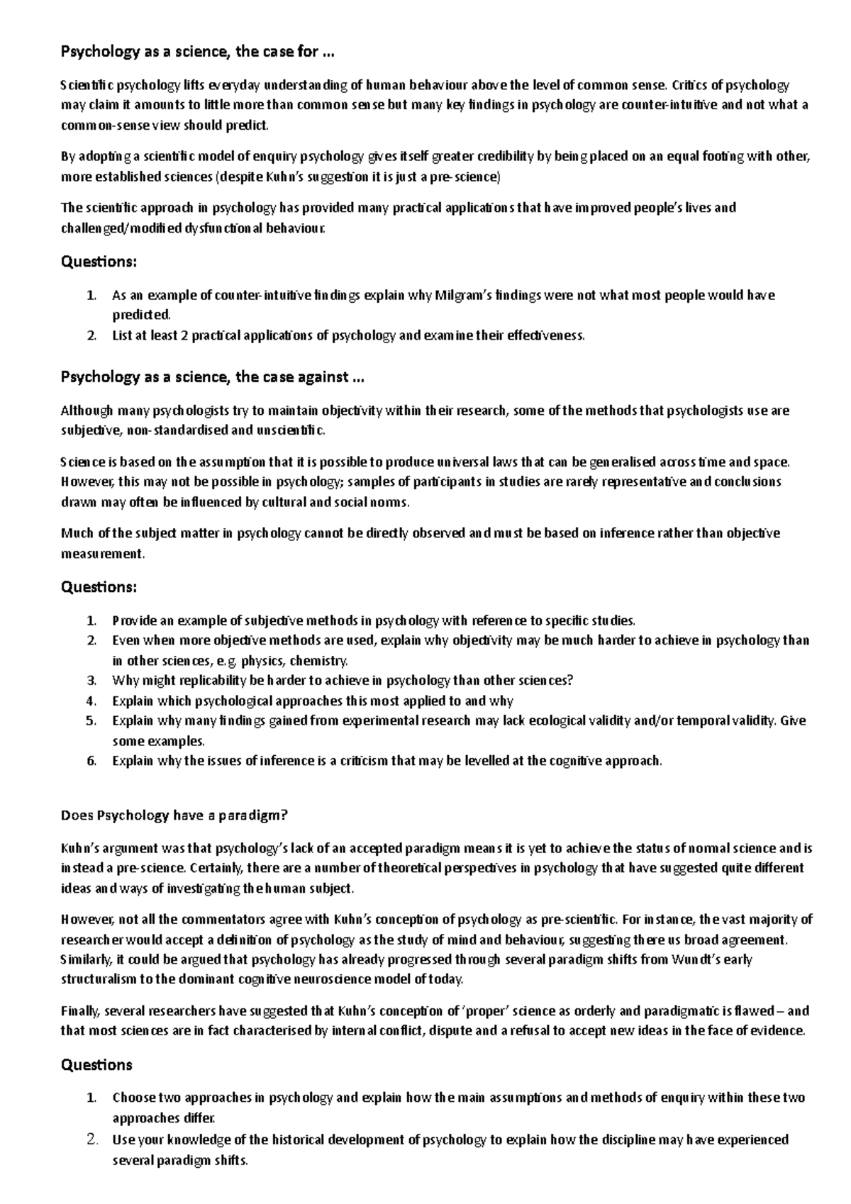 Activity The case for and against psychology as science - Psychology as ...