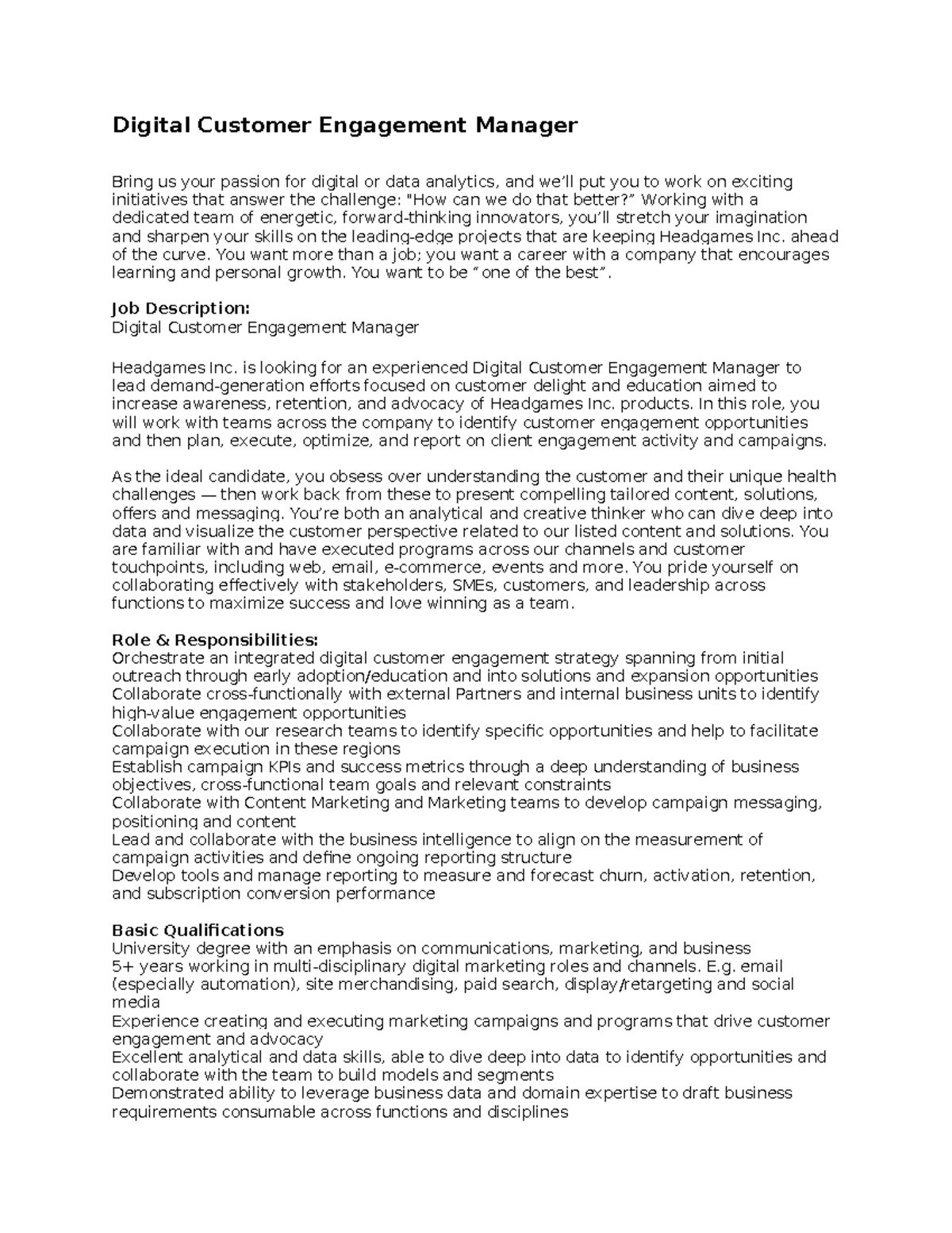 Digital Customer Engagement Manager Job Description 1 - Digital ...