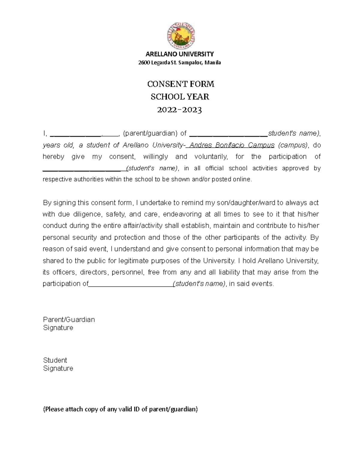 Consent-form - N/A - ARELLANO UNIVERSITY 2600 Legarda St. Sampaloc ...