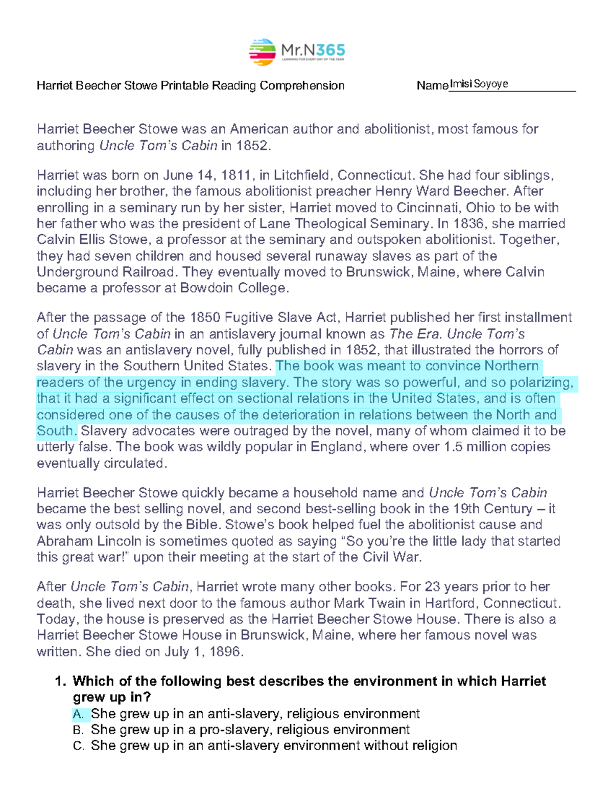 Imisioluwa Soyoye - Harriet B. Stowe Reading Comprehension - Harriet ...