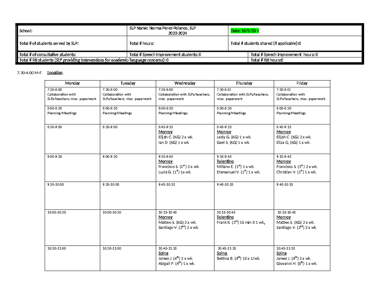 Blank Schedule - notes - School: SLP Name: Norma Perez-Polanco, SLP ...