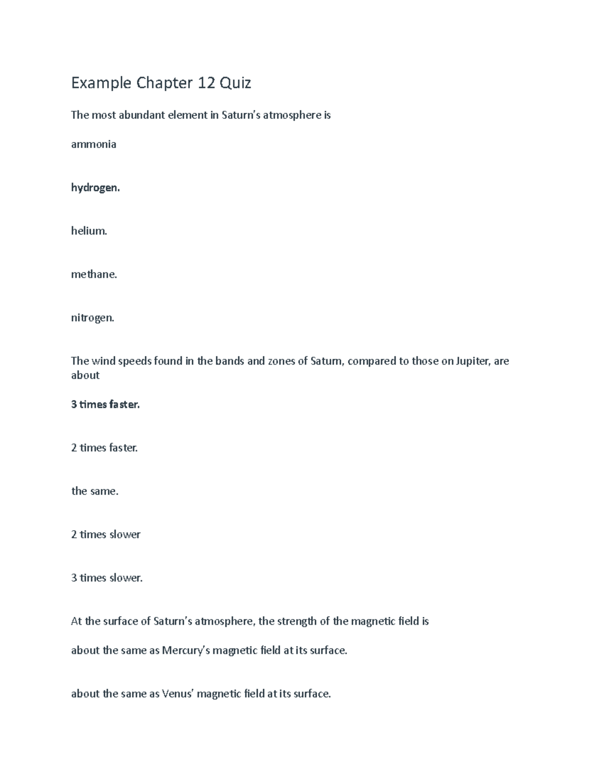 Example Quiz 12 - Example Chapter 12 Quiz The most abundant element in ...