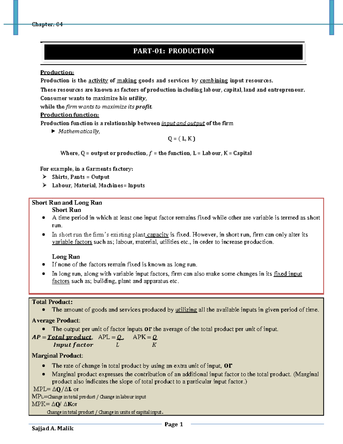 Chapter 4 v3 - NOTES - Page 1 Production: Production is the activity of ...