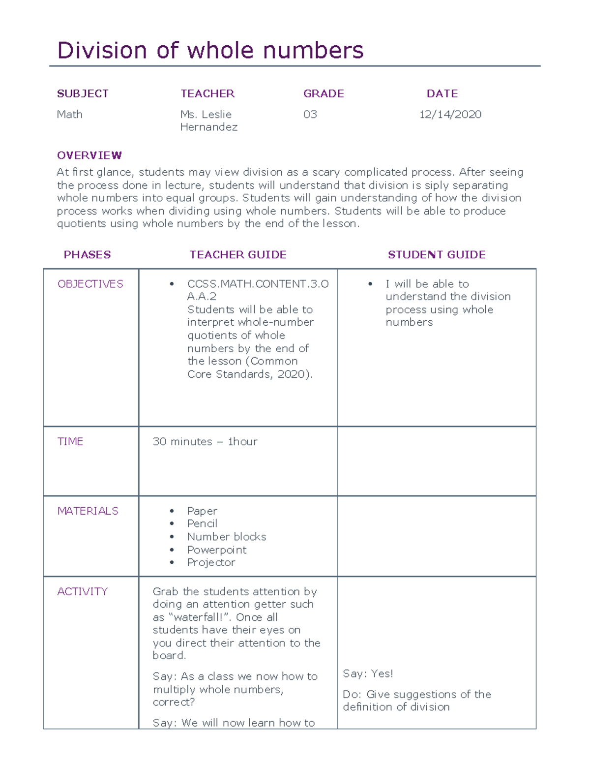 Lesson Plan Division Division Of Whole Numbers SUBJECT TEACHER GRADE 