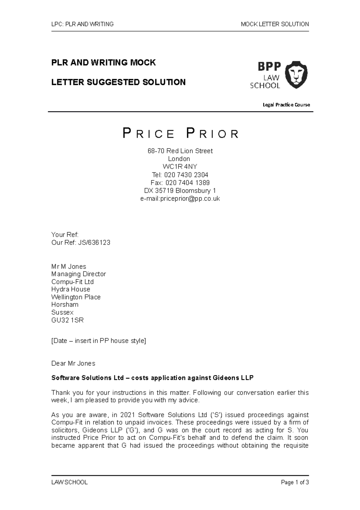 PLR-Writing Mock Assessment Letter Suggested Solution Sept 2022 - LPC ...