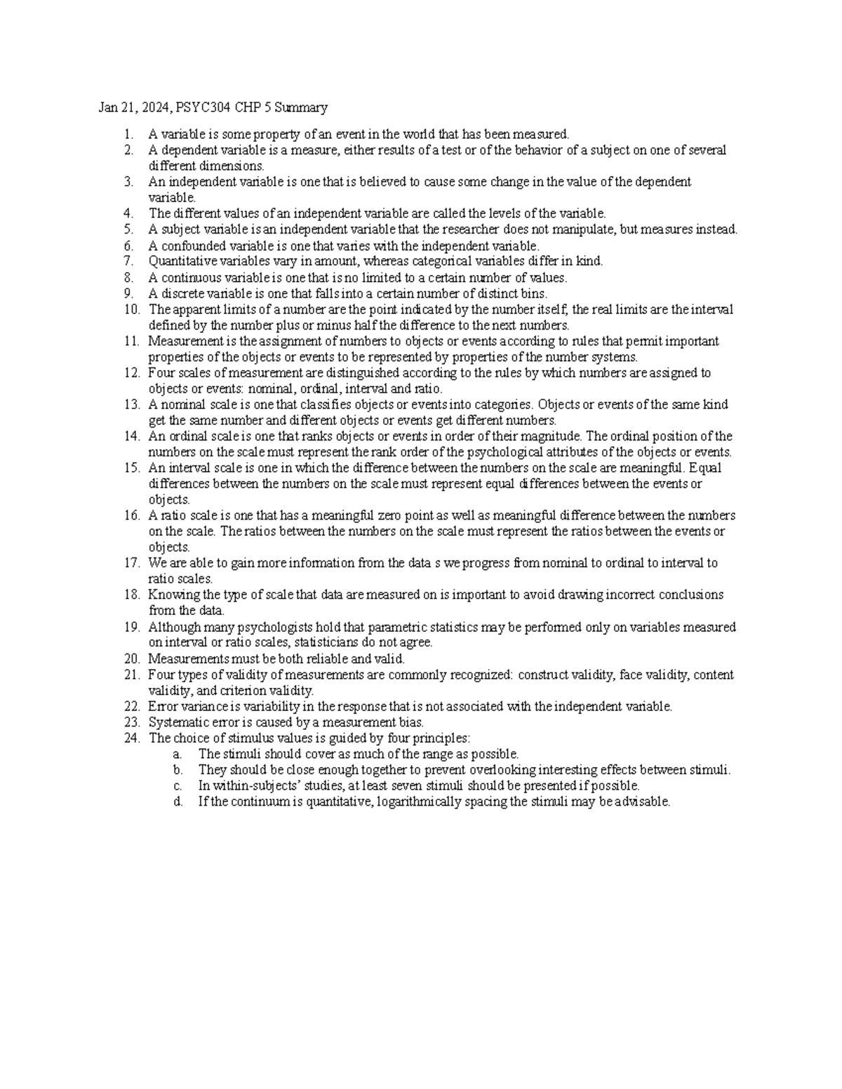 CHP 5 Summary - Jan 21, 2024, PSYC304 CHP 5 Summary 1. A variable is ...