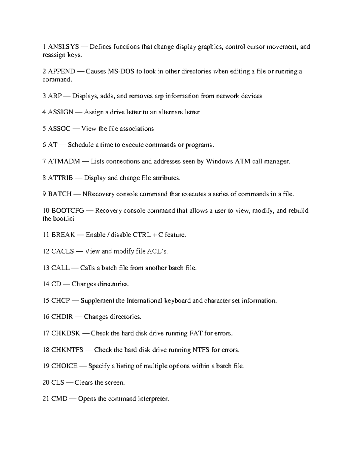 Commands of DOS - 1 ANSI — Defines functions that change display ...