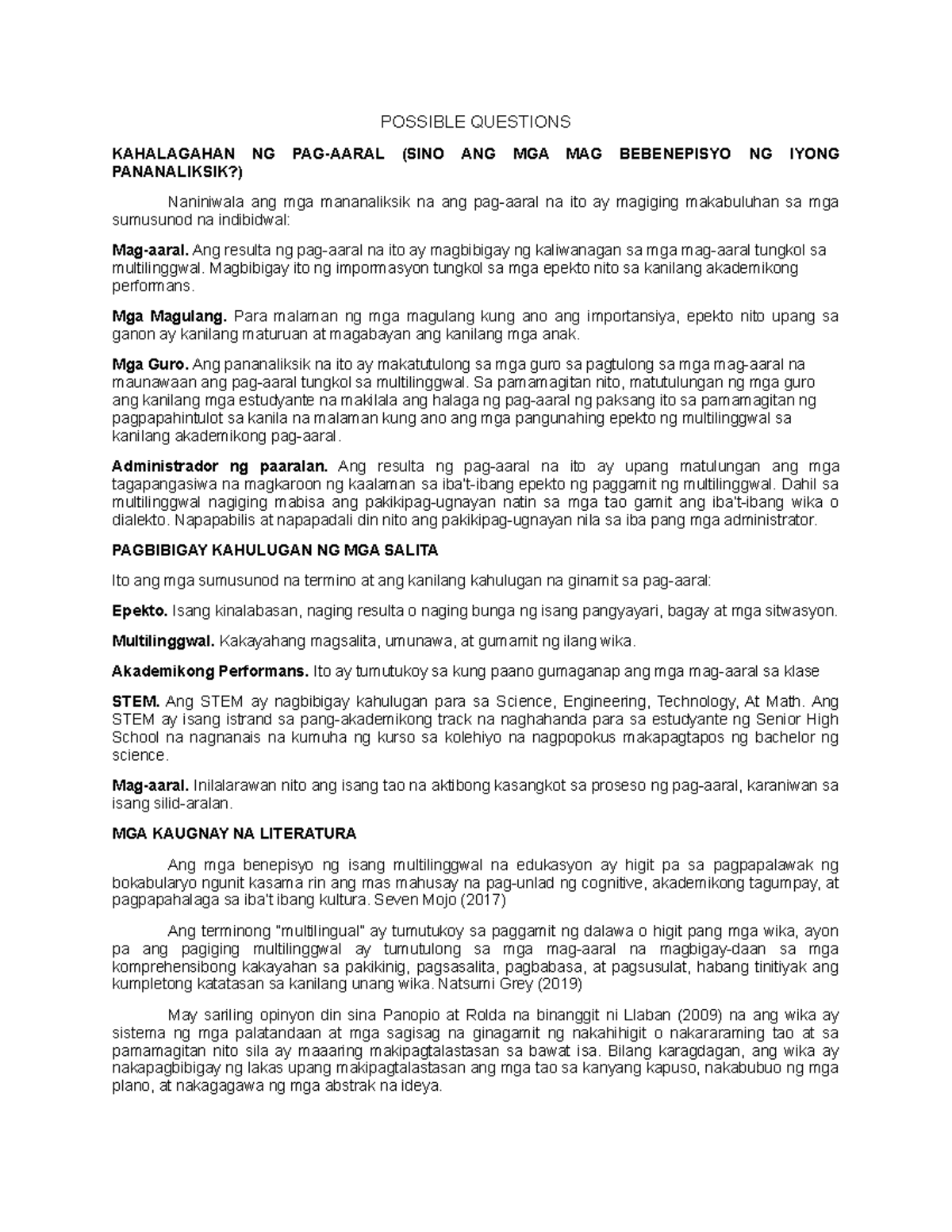 Skrip - POSSIBLE QUESTIONS KAHALAGAHAN NG PAG-AARAL (SINO ANG MGA MAG ...