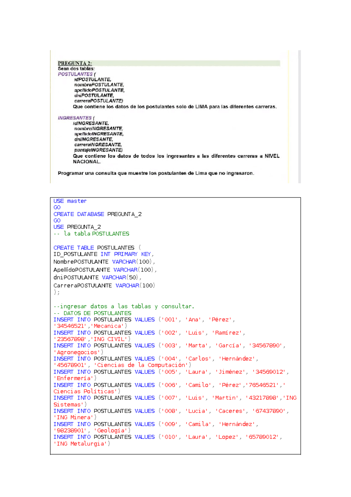 BS-T2 - base de datos t2 - USE master GO CREATE DATABASE PREGUNTA_ GO USE PREGUNTA_ - la tabla ...